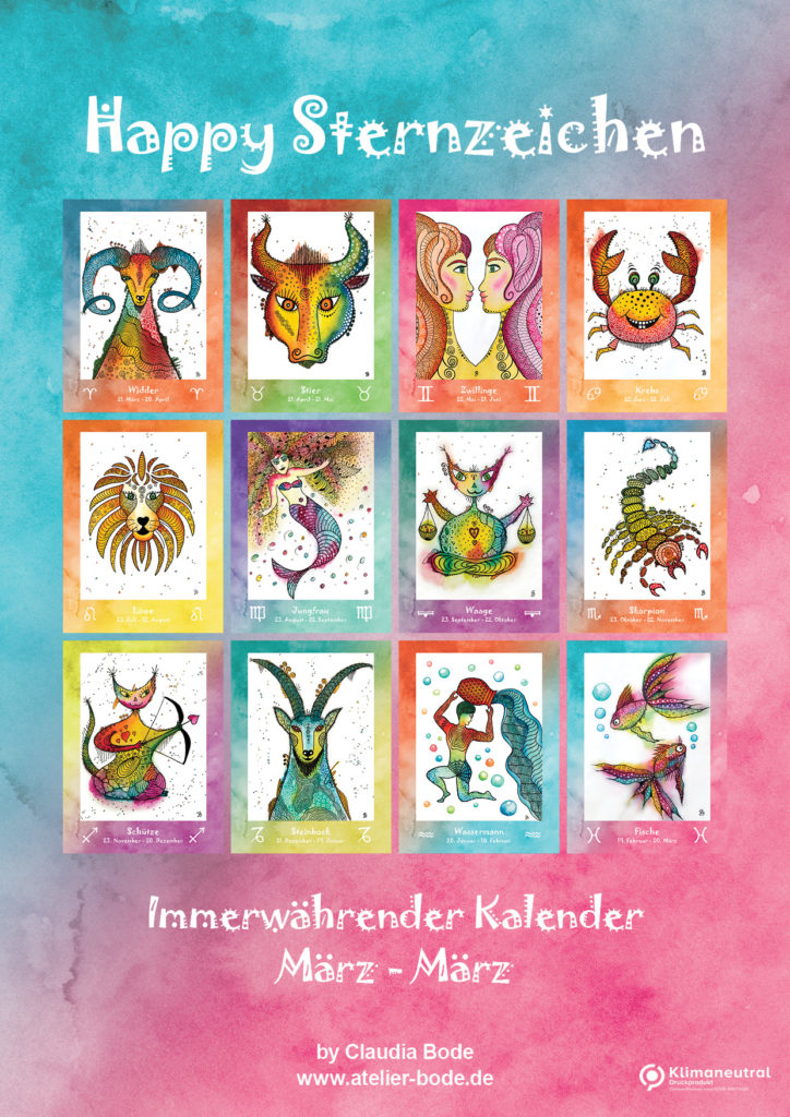 Happy Sternzeichen - immerwährender Wandkalender | Atelier Claudia Bode
